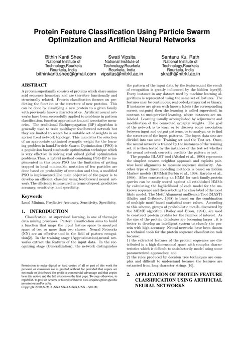 Pdf Protein Feature Classification Using Particle Swarm Optimization And Artificial Neural