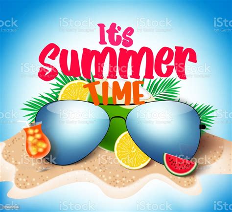 여름 시간 벡터 배너 배경 그것은 휴가 시즌 디자인을위한 선글라스 야자수 잎 열대 과일과 주스와 같은 요소와 섬에서 여름 시간
