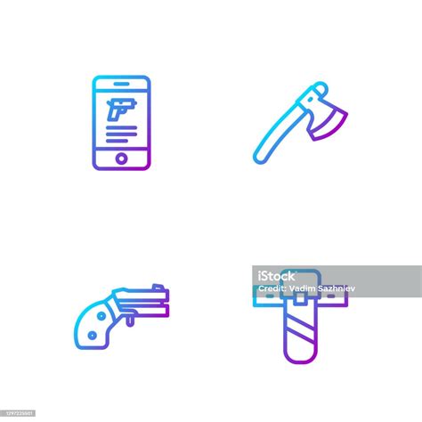 세트 라인 나이프 홀스터 작은 총 리볼버 모바일 응용 프로그램과 나무 도끼에 무기 쇼핑 그라데이션 색상 아이콘입니다 벡터 강철에 대한 스톡 벡터 아트 및 기타 이미지