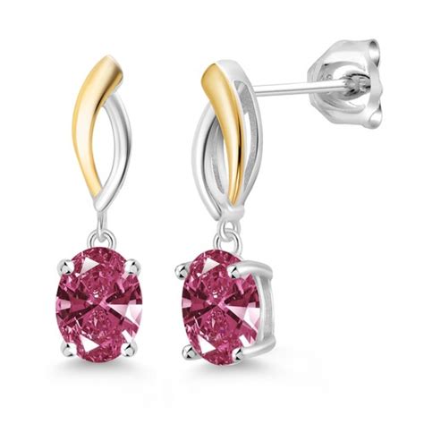 925 Silver And 10k Yellow Gold Dangle Earrings Set With Oval 8x6mm Red
