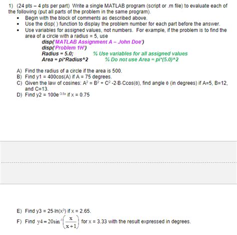 Solved 1 24 Pts 4 Pts Per Part Write A Single Matlab