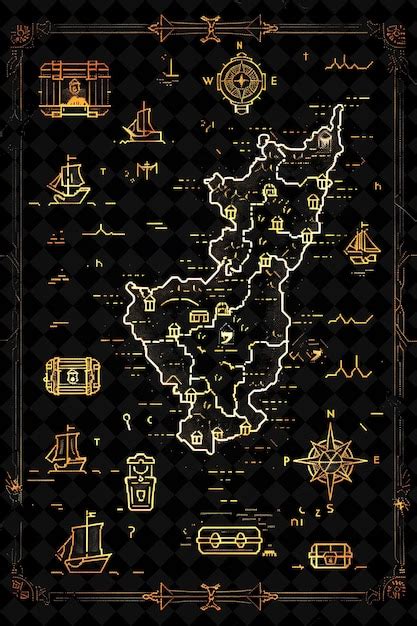 Premium Psd Mysterious Map 8 Bit Pixel With Compasses And Treasure Chest Y2k Shape Neon Color