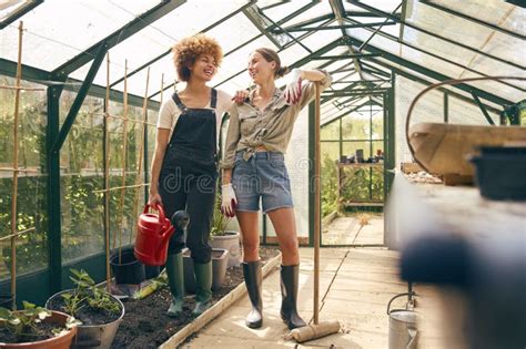 Two Female Friends Or Same Sex Couple Working In Greenhouse At Home Together Stock Photo Image