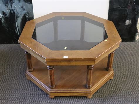 Lot Hexagonal Wooden Coffee Table With Glass Top