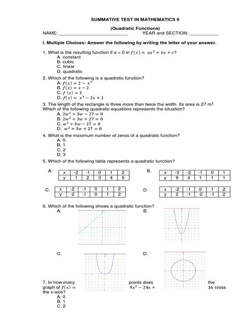 Summative Test In Mathematics 9 Mastering Quadratic Functions Through Multiple Choice Questions
