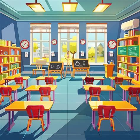 Colorful Cartoon Classroom Background With Desks And Chairs In Animated Style Stock Illustration