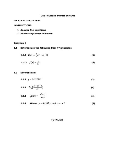 Gr 12 Calculus Test Pdf