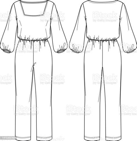 벡터 여성 사각형 목 점프 슈트 기술 도면 허리 밴드 패션 Cad와 긴 소매 저지 점프 슈트 직선 넓은 다리 점프 슈트 템플릿