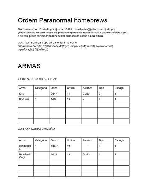 Ordem Paranormal Homebrews Pdf Armas De Projétil Balística