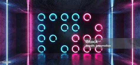 원형 단계 레이저 형광 네온 빛나는 수직 레이저 튜브 라인 블루 핑크 퍼플 색상 어두운 그런 지 거친 콘크리트 반사 방 빈 공간 공상 과학 소설 레트로 3d 렌더링 0명에