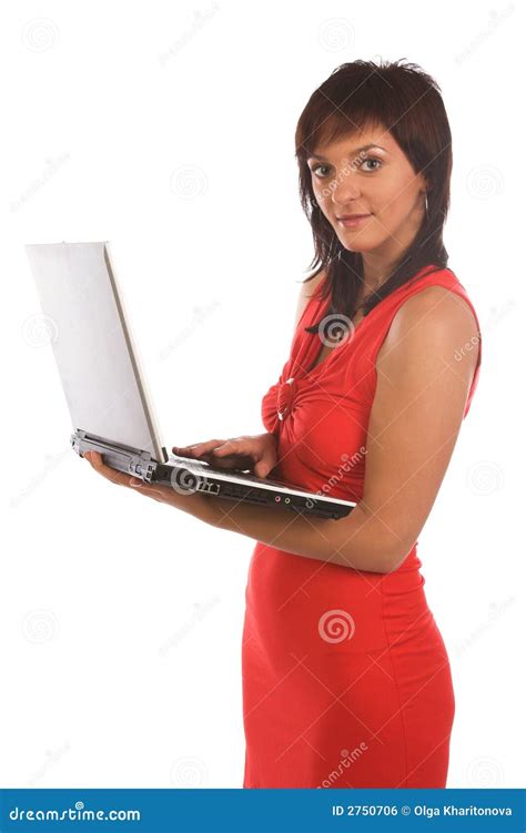 Lady In Red With Laptop Stock Photo Image Of Hands Healthy