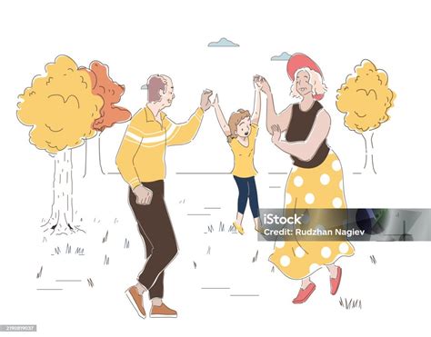 소녀와 함께 조부모 할아버지와 할머니가 손녀와 놀고 있습니다 가을과 가을 시즌 도시 공원에서 걷는 가족 좋은 관계 선형 벡터 그림 가족에 대한 스톡 벡터 아트 및 기타