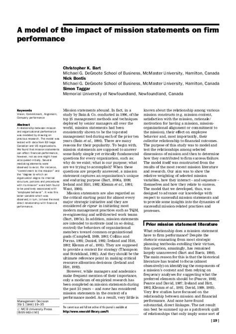 Pdf A Model Of The Impact Of Mission Statements On Firm Performance