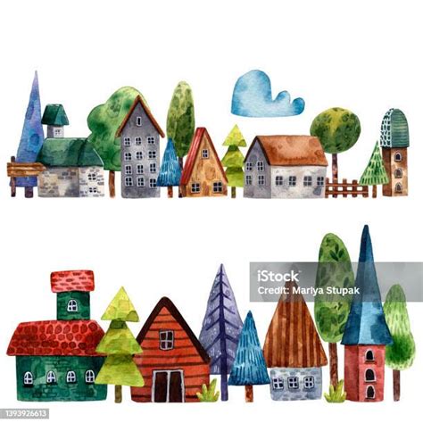 수채화 풍경 카드 귀여운 시골지도 관광지도 손으로 그린 만화 스타일의 일러스트레이션 마법의 풍경 코티지와 도로 단순히 드로잉