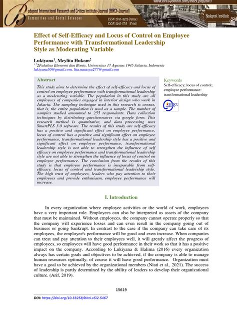 Effect Of Self Efficacy And Locus Of Control On Employee Pdf Leadership Transformational