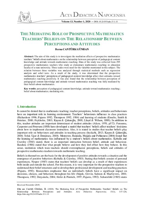 Pdf The Mediating Role Of Prospective Mathematics Teachers Beliefs On The Relationship