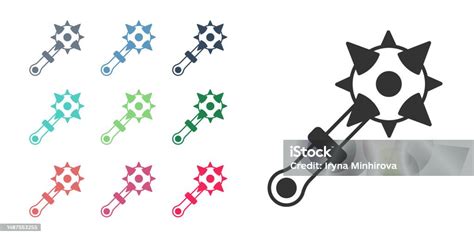 검은 중세 체인 메이스 볼 아이콘 흰색 배경에 고립 스파이크가 있는 모르겐스테른 중세 무기 또는 메이스 다채로운 아이콘을