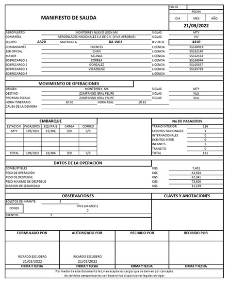 Manifiesto De Salida Descargar Gratis Pdf Aerolíneas Avión De Línea