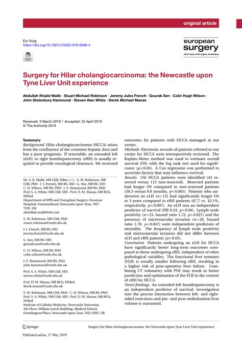 Pdf Surgery For Hilar Cholangiocarcinoma The Newcastle Upon Tyne Liver Unit Experience