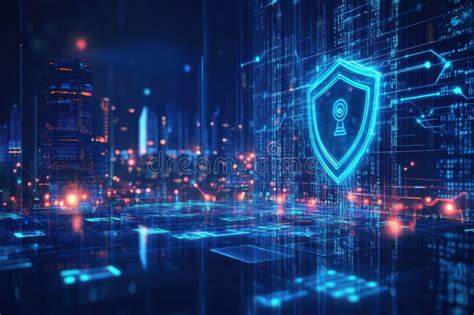 Cutting Edge Cybersecurity Framework With Digital Shield And Vibrant City Skyline Illustrating