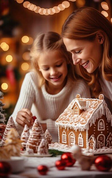 Família Feliz Mãe E Filha Decorando A Casa De Pão De Gengibre De Natal