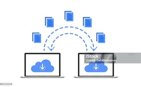 스마트폰 파일 전송 데이터 전송 Ftp 파일 수신기 및 랩톱 백업 복사본 문서 공유 개념 클라우드 컴퓨팅에 대한 스톡 벡터 아트