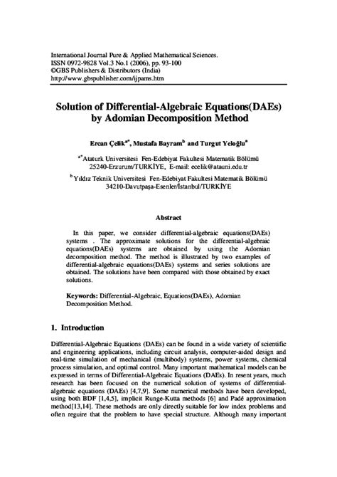Pdf Solution Of The Differential Algebraic Equations With Index 3 Using Differential Transform