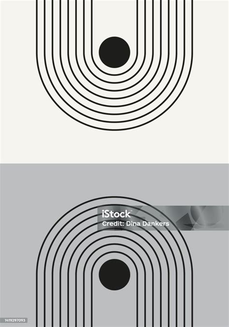 추상적인 기하학적 미니멀리스트 작품 중반 세기 현대와 바우 하우스 는 아치와 원으로 복고풍 포스터에 영감을 불어 넣었습니다