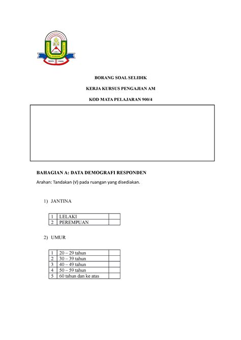 SOAL SELIDIK PENGAJIAN AM BORANG SOAL SELIDIK KERJA KURSUS PENGAJIAN