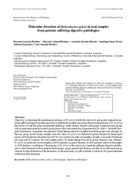 Pdf Molecular Detection Of Helicobacter Pylori In Oral Samples From
