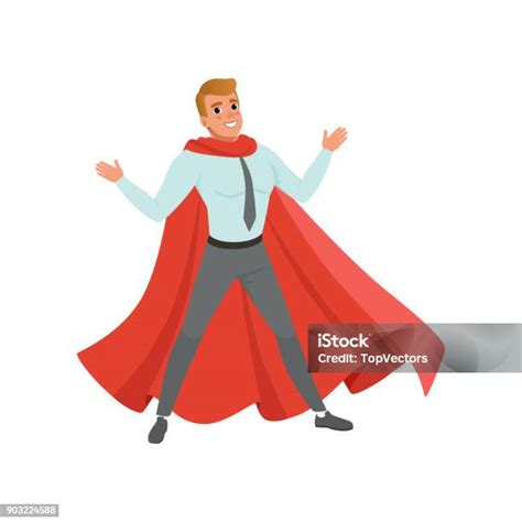 성공적인 비즈니스 남자 팔 벌리고 서입니다 셔츠 바지와 클래식 레드 슈퍼 히어로 케이프에서 남성 캐릭터를 만화 경력 전진입니다 평면 벡터 디자인 남자에 대한 스톡 벡터 아트