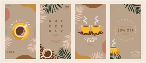 스토리 스토리텔링 카드 배너 포스터 표지 카페 메뉴 또는 다른 디자인을 위한 최소한의 배경에 커피 원두와 커피 머그잔이 있는 소셜 미디어 템플릿 세트입니다 벡터 일러스트