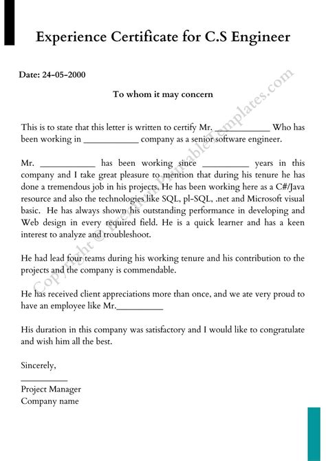 Experience Certificate For Cs Engineer Blank Certificate Template