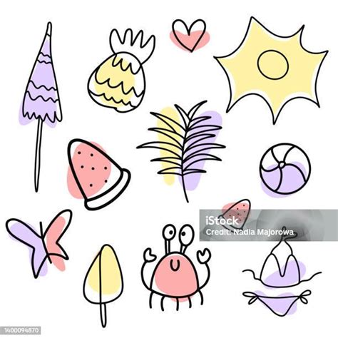 귀여운 여름 요소의 벡터 세트 태양 야자수 해변 우산 여름철 포스터 카드 스크랩북에 적합합니다 구에 대한 스톡 벡터 아트 및 기타 이미지 Istock