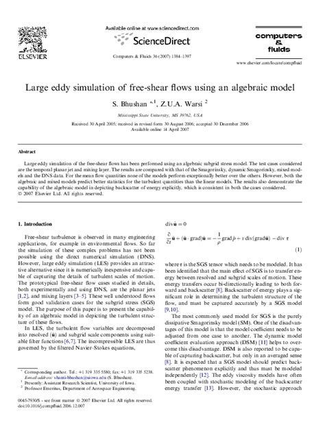 Pdf Large Eddy Simulation Of Free Shear Flows Using An Algebraic Model Shanti Bhushan