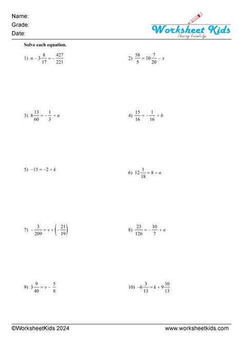 One Step Equations Worksheets Addition Subtraction Multiplication