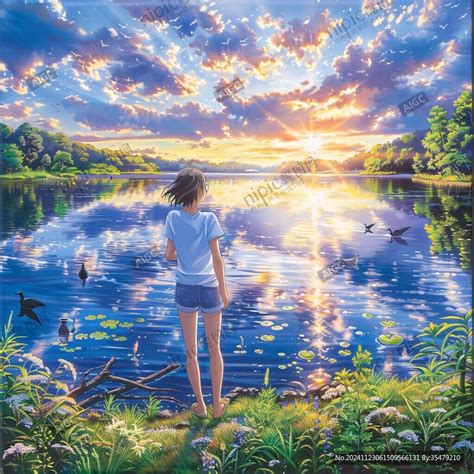 Ai创作图湖畔少女背影 梦幻风景女孩 插画夕阳下 女孩风景画 自然风景夕阳下的女孩 画中画背景 唯美诗意自然风景漫画 看日出插画 水边看夕阳 黄昏下的少女 日本动漫风格晚霞 水中画风景画 美景