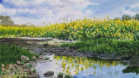 수채화 풍경 작품 유채꽃 풍경 그림 그리기 Youtube