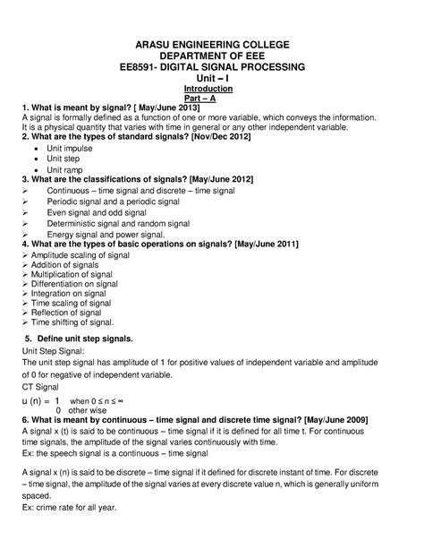 Dsp 2 Marks With Answers Arasu Engineering College Department Of Eee