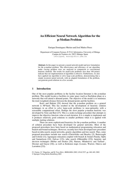 pdf an efficient neural network algorithm for the p median problem