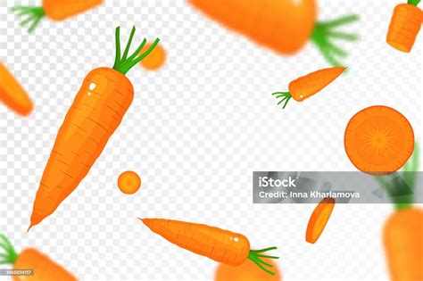 투명한 배경에 격리된 떨어지는 당근 흐릿한 효과로 전체 및 얇게 썬 야채를 날립니다 광고 포장 배너 포스터 인쇄에 사용할 수 있습니다 벡터 평면 디자인 건강한 식생활에 대한