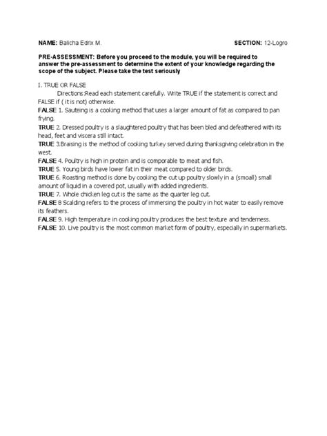 Cookery Pre Test Pdf