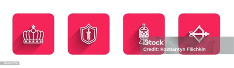 세트 라인 왕관 칼 철 헬멧 긴 그림자가 있는 활과 화살이 있는 중세 방패 빨간색 사각형 버튼입니다 벡터 고대의에 대한 스톡