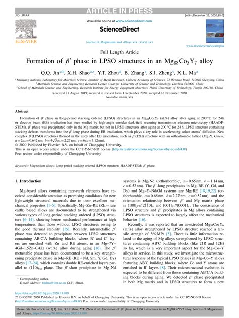 Pdf Formation Of β′ Phase In Lpso Structures In An Mg88co5y7 Alloy