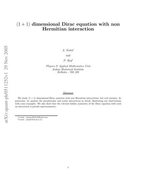 Pdf 1 1 Dimensional Dirac Equation With Non Hermitian Interaction