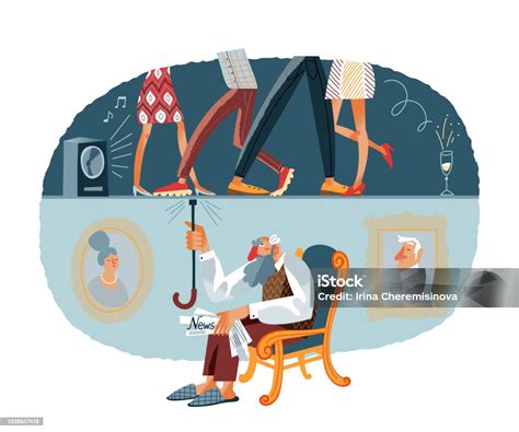 시끄러운 이웃과 노인은 독서에서 산만 홈 벡터 일러스트레이션에서 이웃 아파트의 문제 파티에서 춤추는 젊은 사람들 천장에 두드리는 짜증나는 사람 언쟁에 대한 스톡 벡터 아트