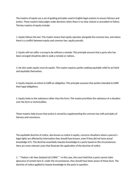 Summary Notes On Maxims Of Equity Pdf Equity Law Law