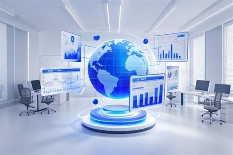 环形布局ai数字艺术 科技3d渲染悬浮地球科技图表屏幕环形布局现代办公室插画 Ai图片免费下载jpeg格式512像素编号71341432 千图网