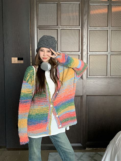 레인보우 보카시 브이넥 가디건 니트 가디건