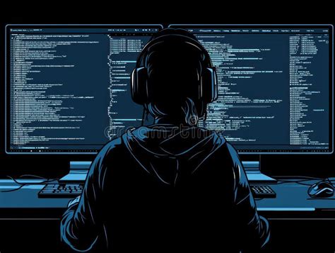 Person Coding At Dual Monitors In A Dark Room With Headphones Stock Illustration Illustration